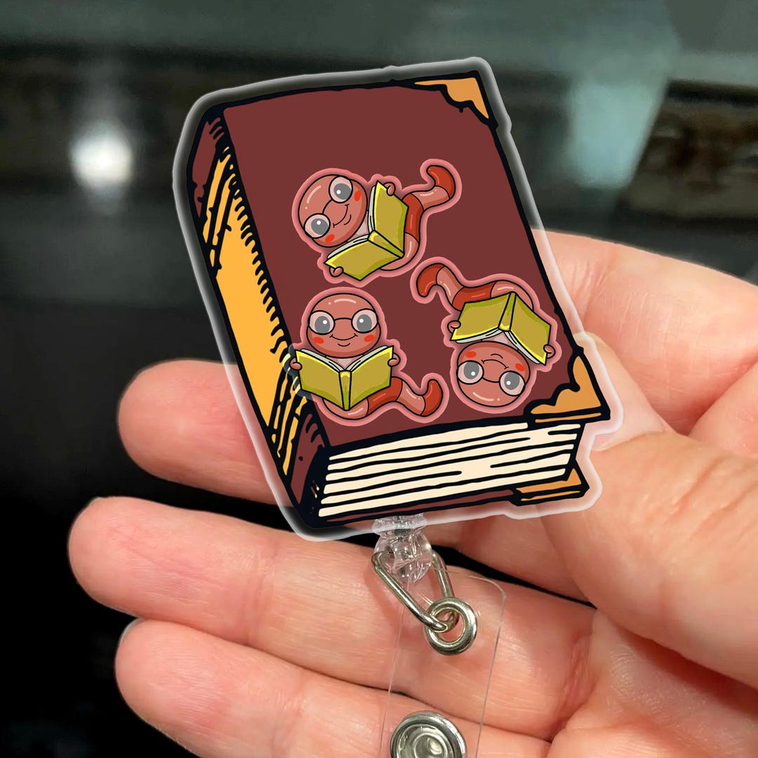 Bookworm Shaker Bottle Cute Worm Reading Book Shaking Badge Reel, Book ...