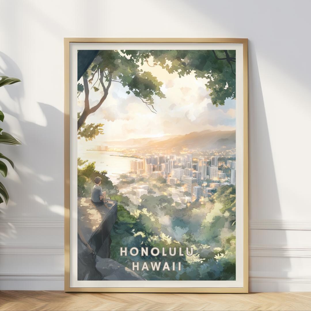 Honolulu Hawaii Skyline Poster, Oahu Overlook Wall Art, Tropical City ...