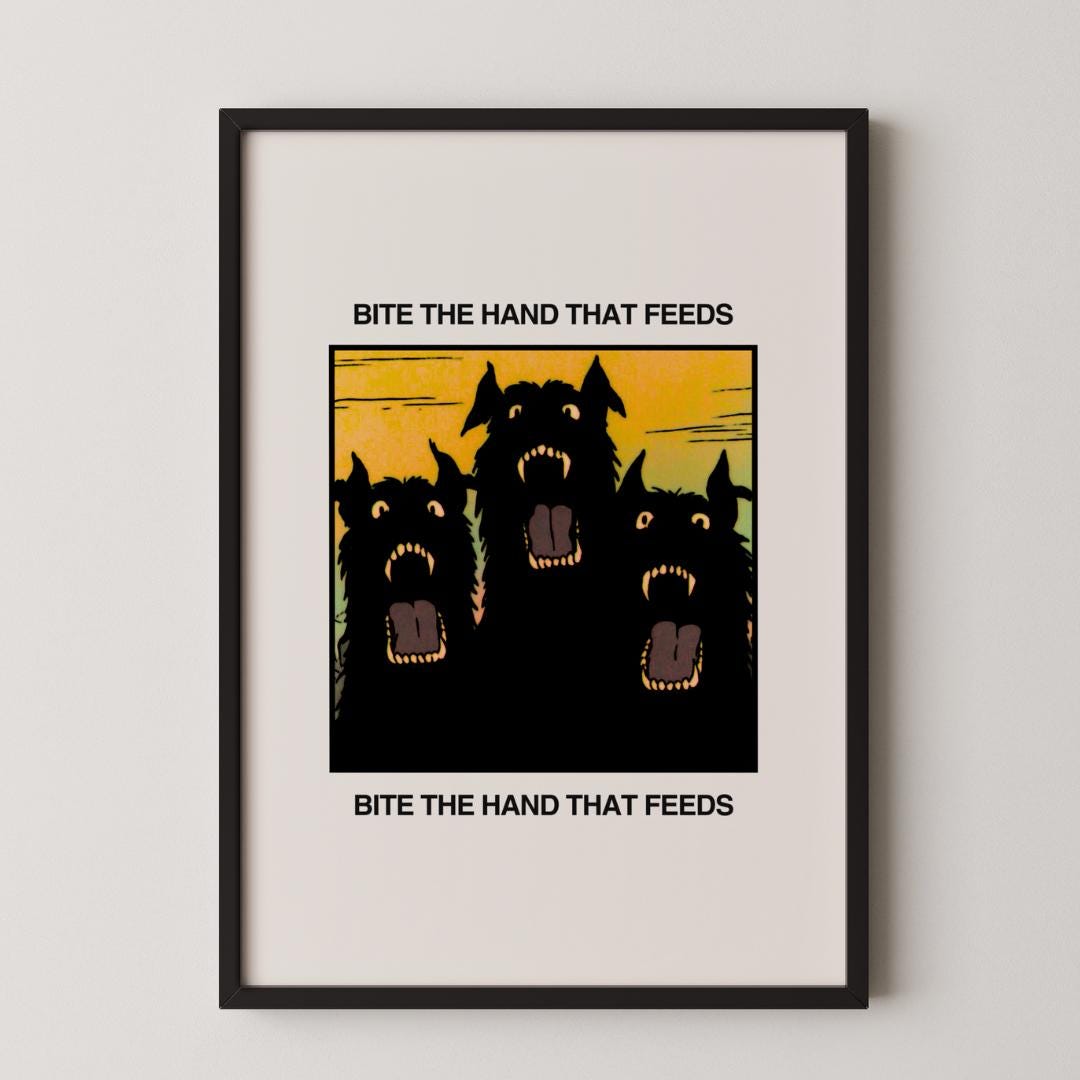 Bite the Hand That Feeds Poster: Bold Snarling Wolf Pack Woodcut Art ...