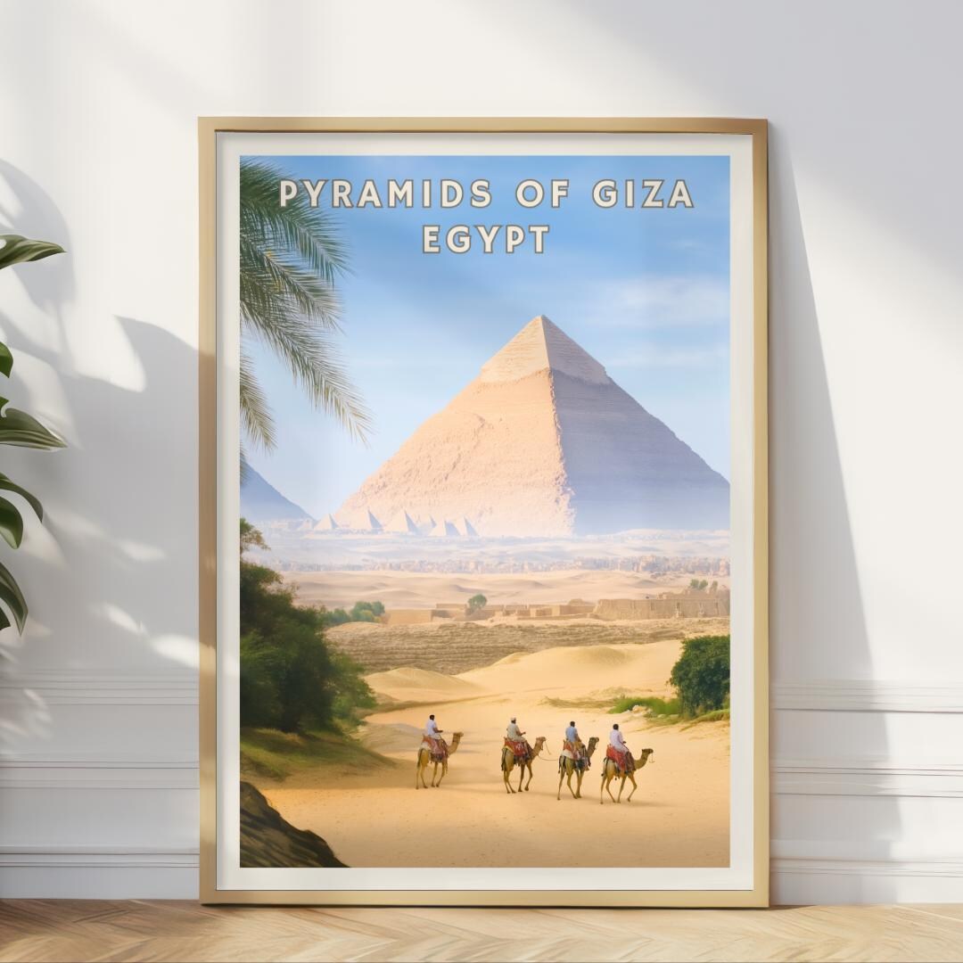 Pyramids of Giza Poster, Egypt Travel Print, Ancient Desert Landscape ...