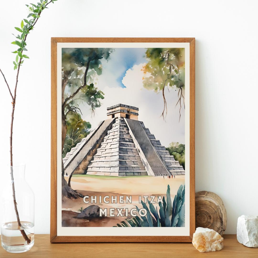 Chichen Itza Mexico Poster, Ancient Mayan Pyramid Art, Cultural ...