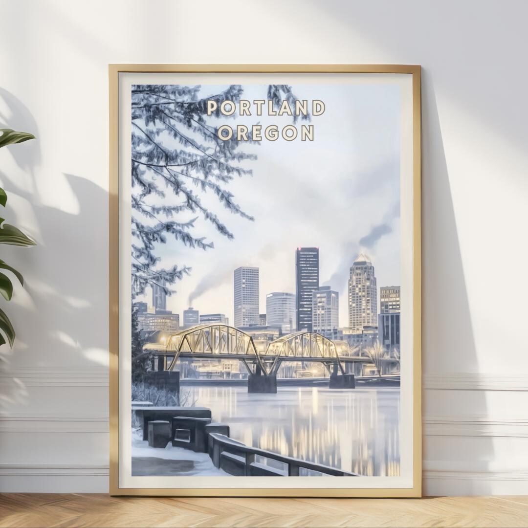 Portland Oregon Poster, Winter Skyline Wall Art, Hawthorne Bridge Print ...