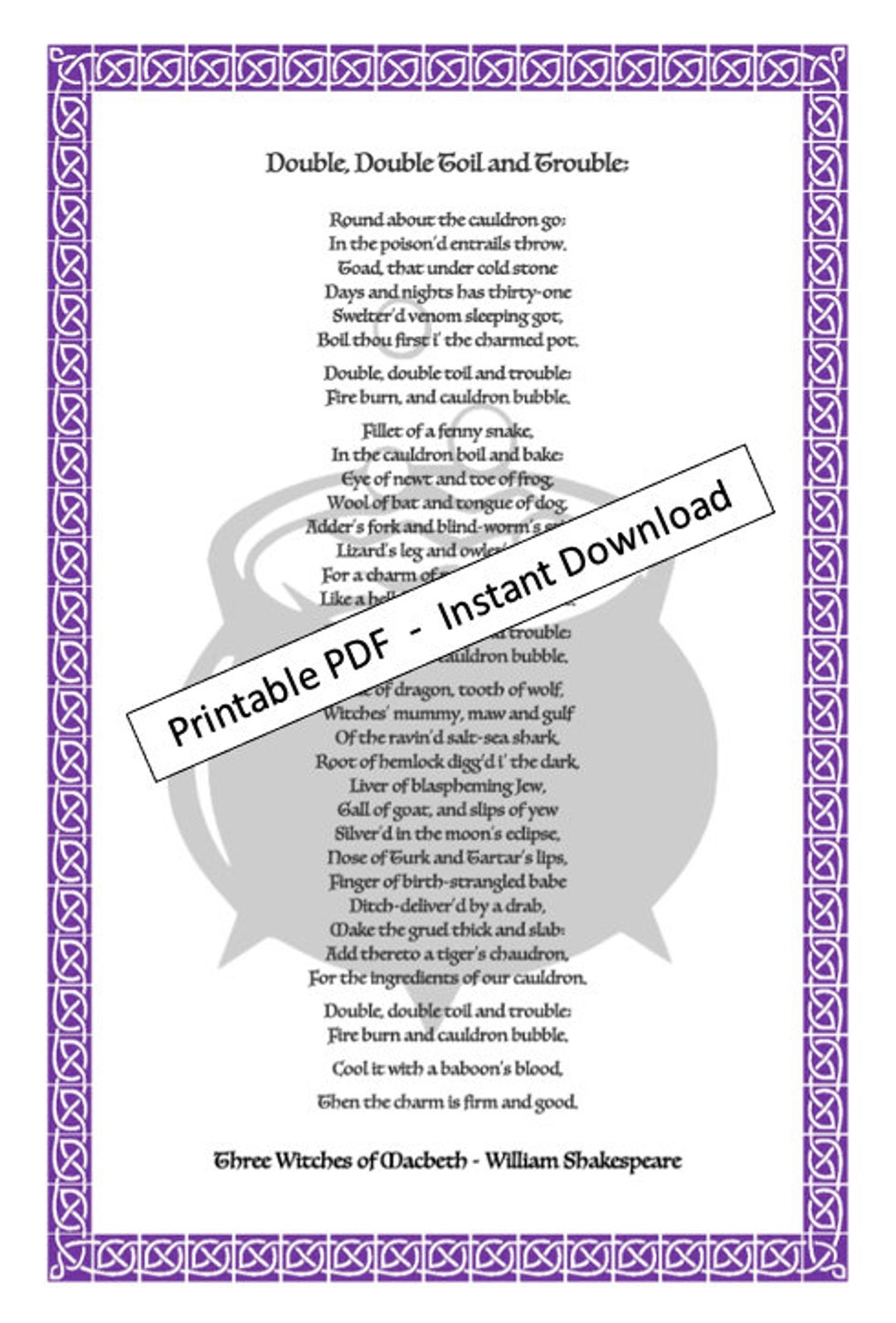 Double Double Toil and Trouble Shakespeare Poem Digital Art Printable ...