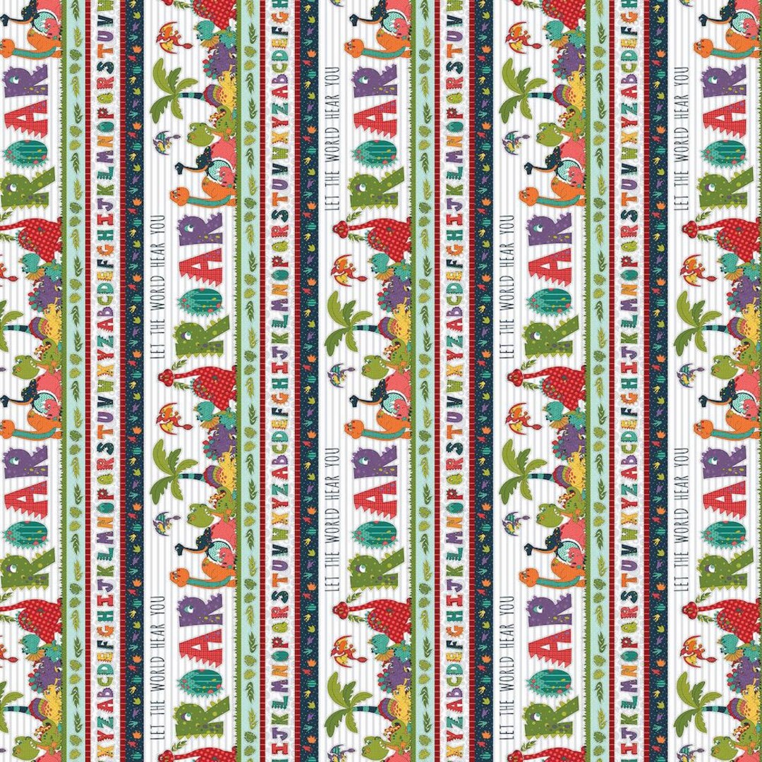 Henry Glass Born to Roar Border Stripe Lt Gray Cotton Fabric by the ...