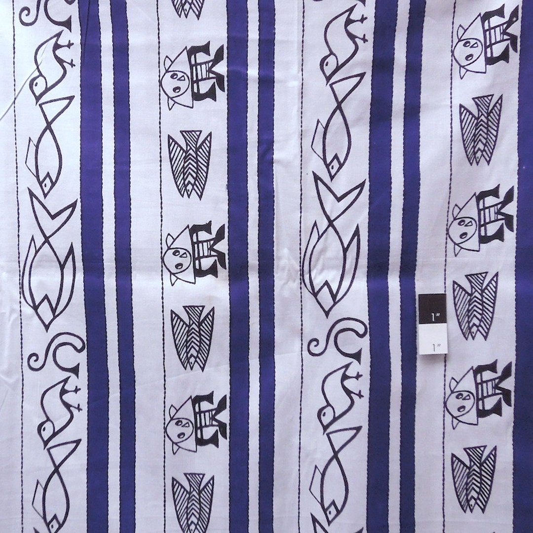 African Fish & Animal Pictograph Print T-2296 White Cotton Fabric by ...