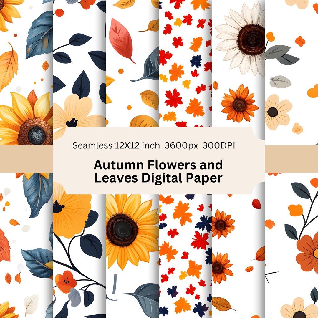 Autumn Flowers and Leaves Digital Paper, Fall Digital Paper, Autumn ...