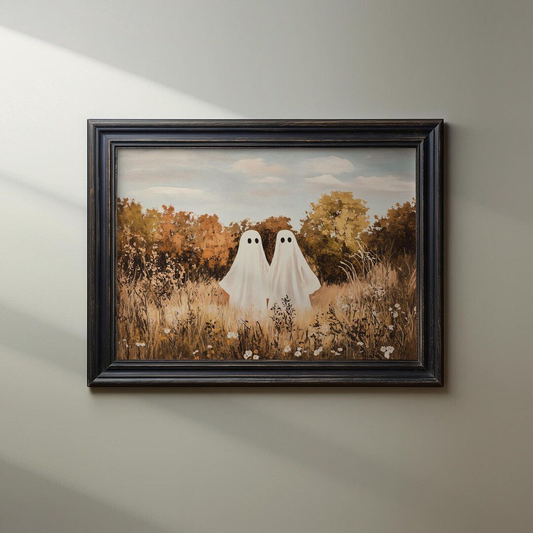 Cute Ghosts in Fall Landscape Art Print, Whimsical Halloween Decor, Spooky Autumn Scene, Ghostly ...