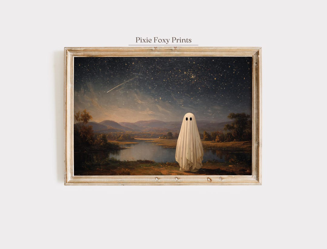 Vintage Halloween Ghost Landscape Art Print, Starry Night (digital ...