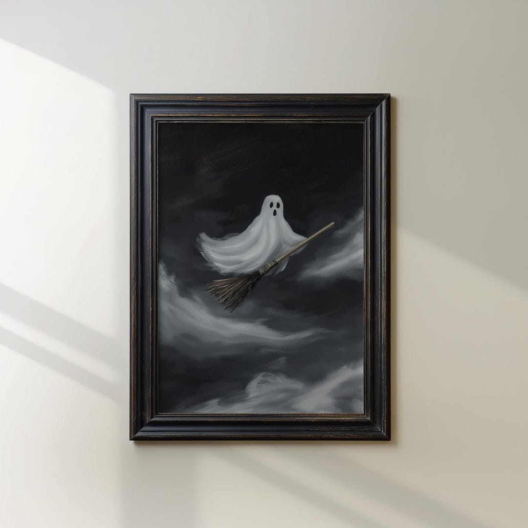 Flying Ghost on a Broomstick Art Print, Spooky Halloween Decor, Unique ...