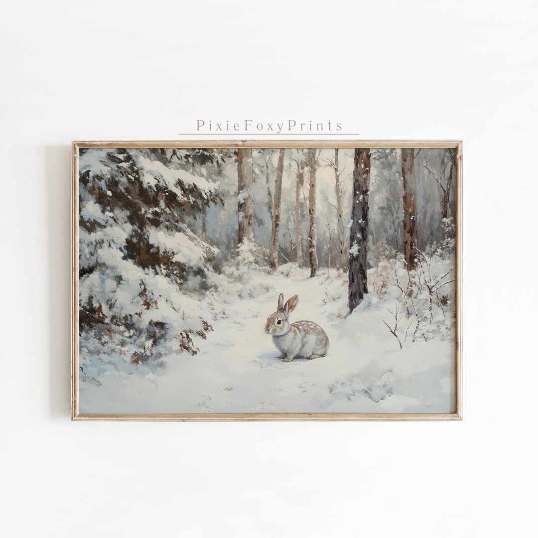 Winter Wonderland Rabbit Art Print, Realistic Snowy Forest Landscape ...