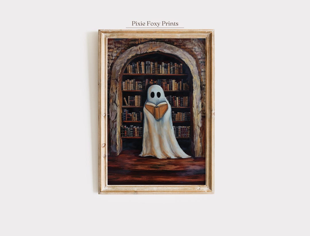 Ghost in Library Art Print, Whimsical Spooky Halloween Decor (digital ...