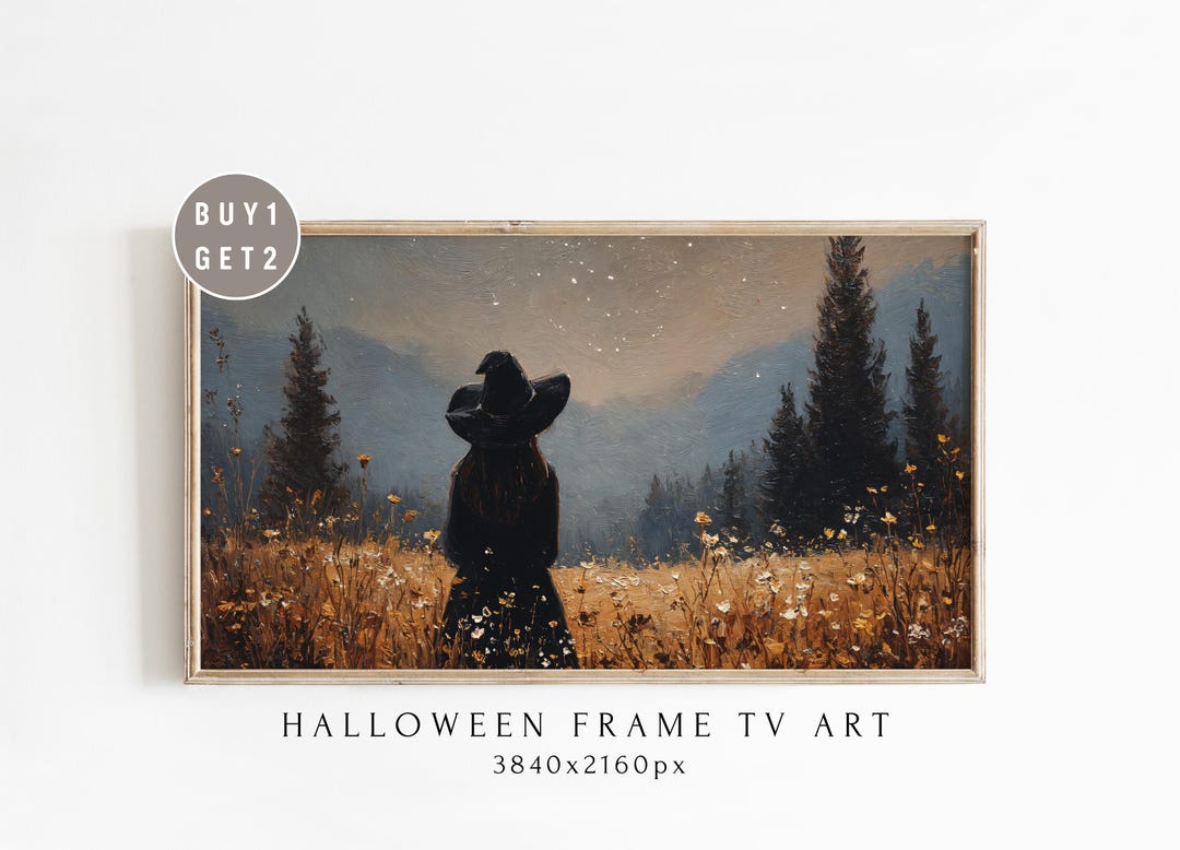 Witch in Meadow Frame TV Art, Spooky Halloween Landscape (digital ...