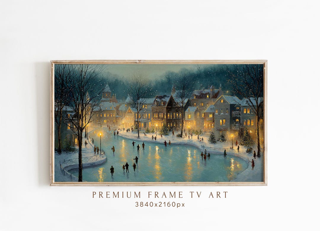 Vintage Christmas Ice Skating Village Scene, Cozy Winter Lights Frame ...