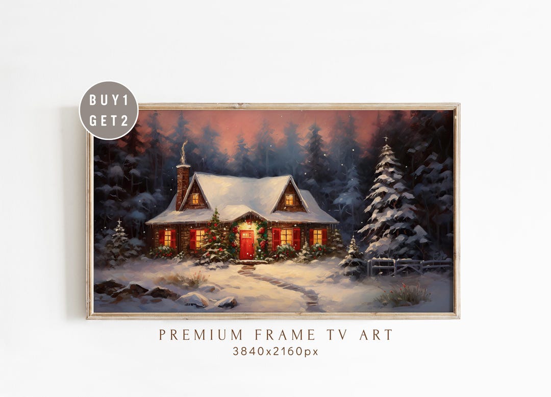Cozy Christmas Cabin Art for Frame TV, Snowy Holiday Scene, Warm Winter ...