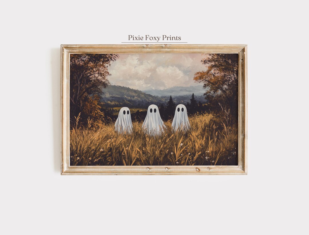 Halloween Ghost Meadow Landscape Art, Spooky Autumn Printable (digital ...