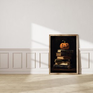 Vintage Halloween Pumpkin Wall Art With Stack of Old Books | Dark ...