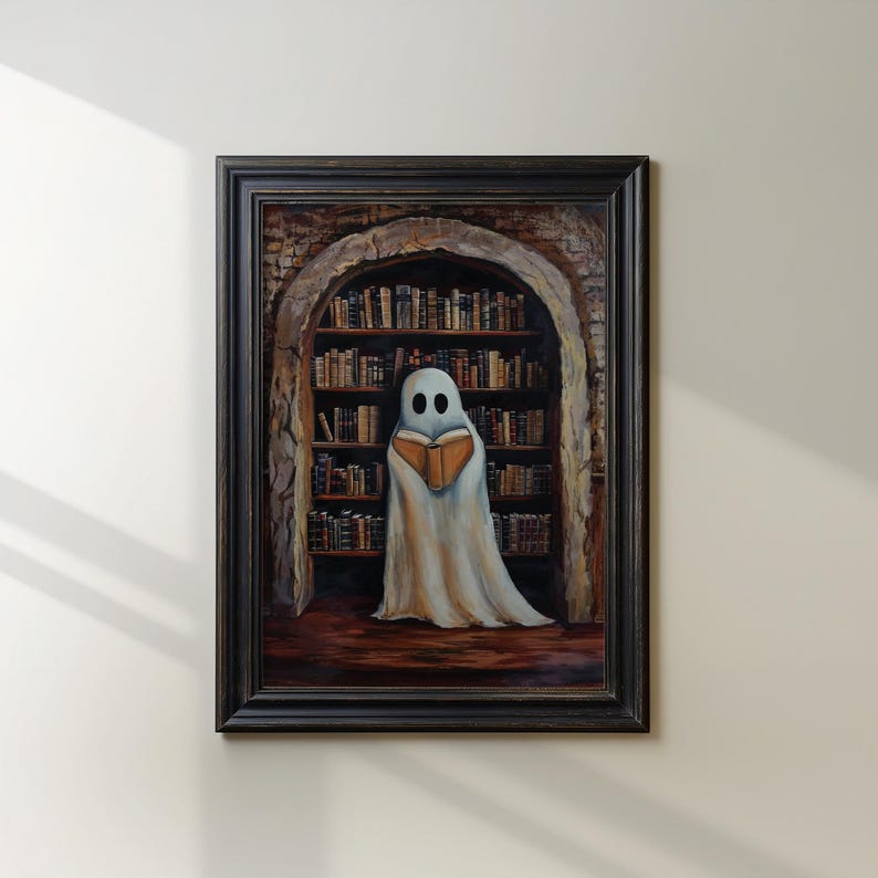 Ghost in Library Art Print, Whimsical Spooky Halloween Decor (digital ...