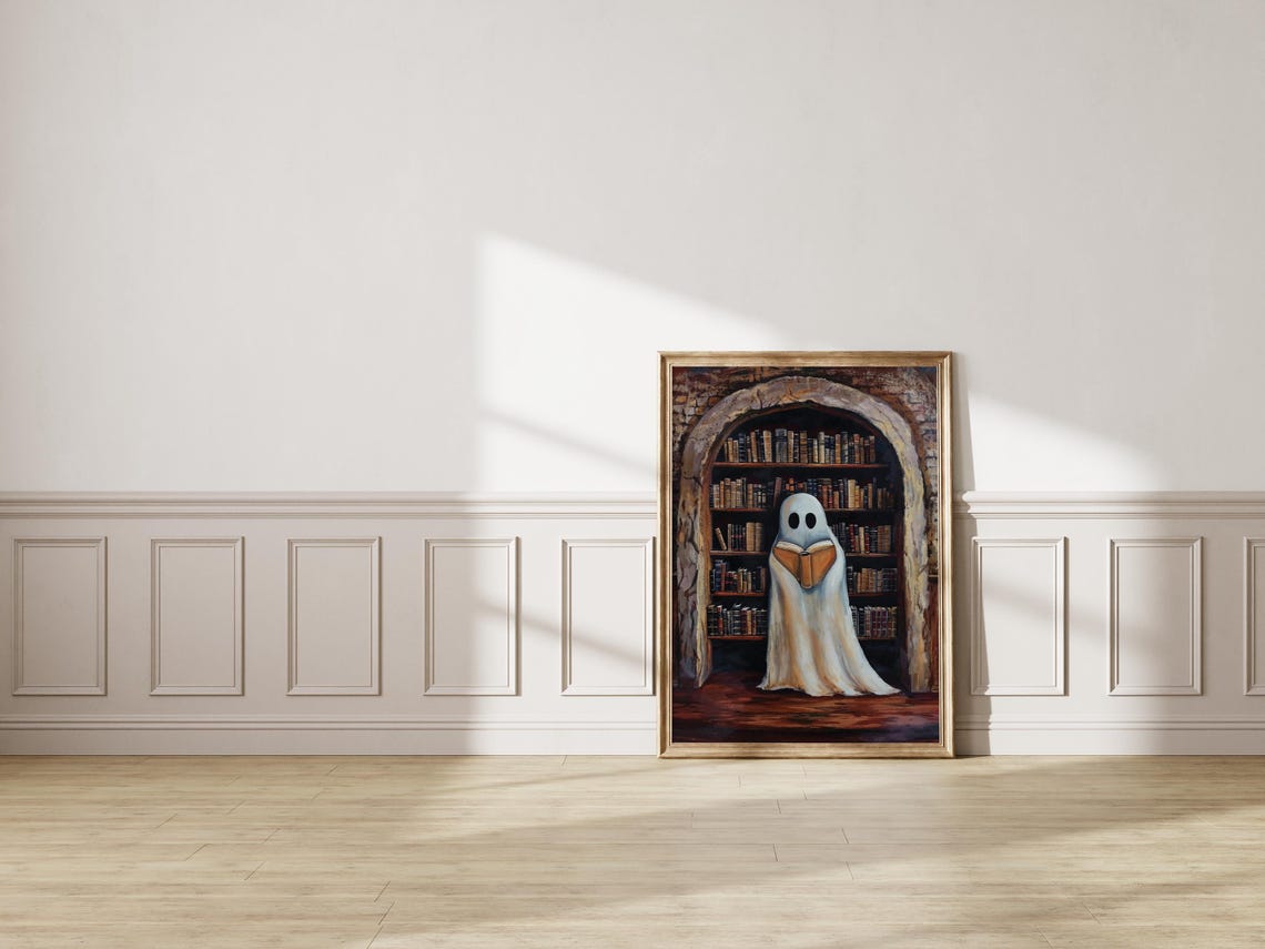 Ghost in Library Art Print, Whimsical Spooky Halloween Decor (digital ...