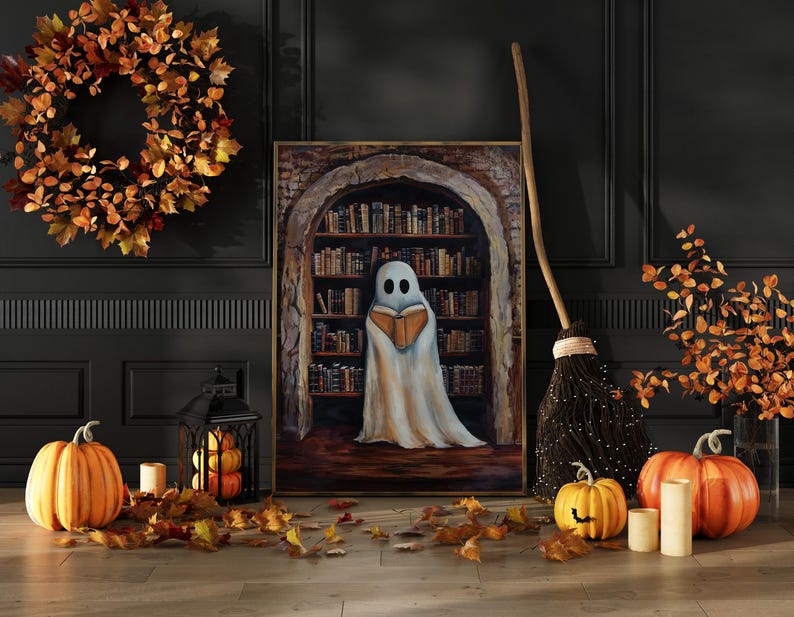 Ghost in Library Art Print, Whimsical Spooky Halloween Decor (digital ...