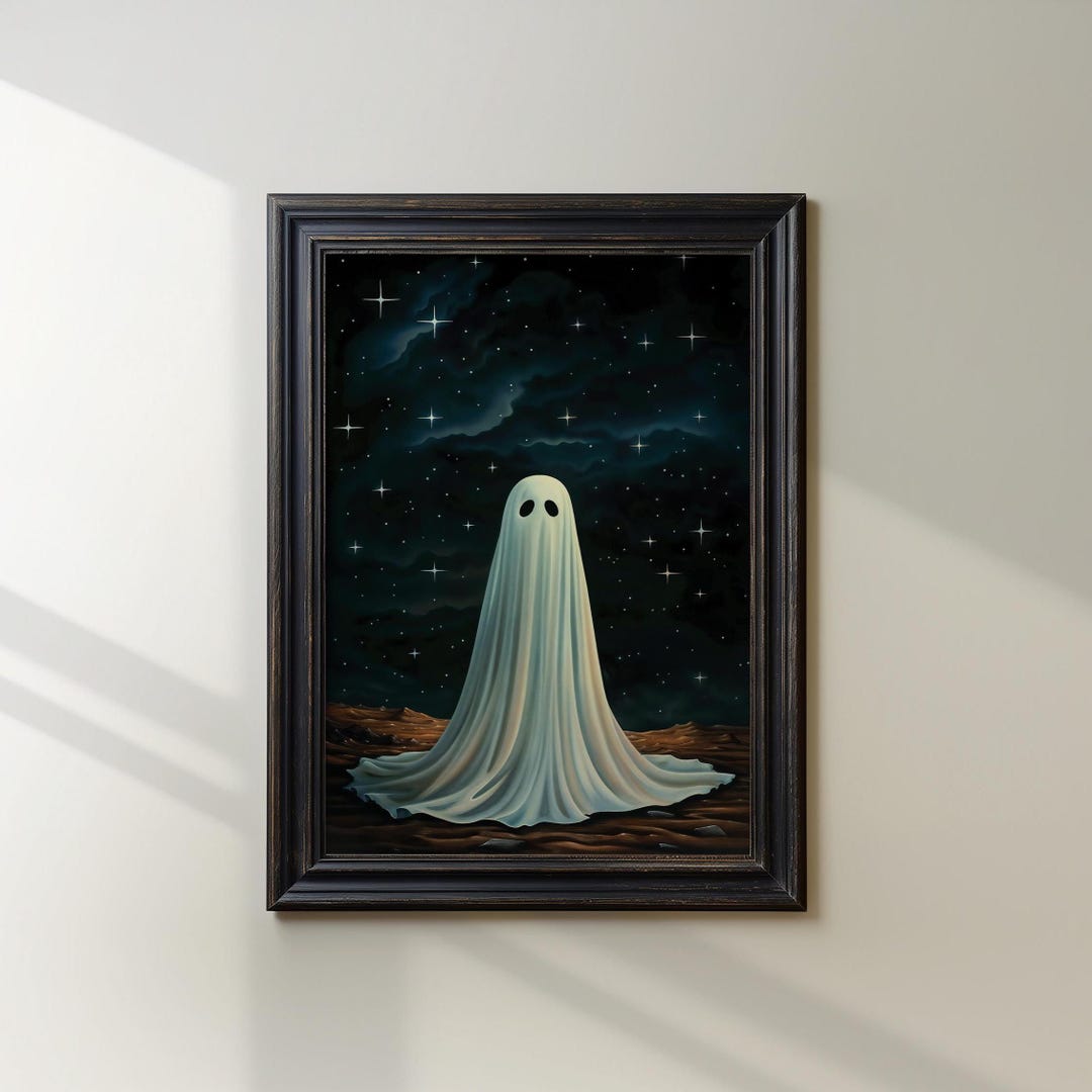 Whimsical Ghost Under Starry Night Sky Art Print, Charming Halloween ...
