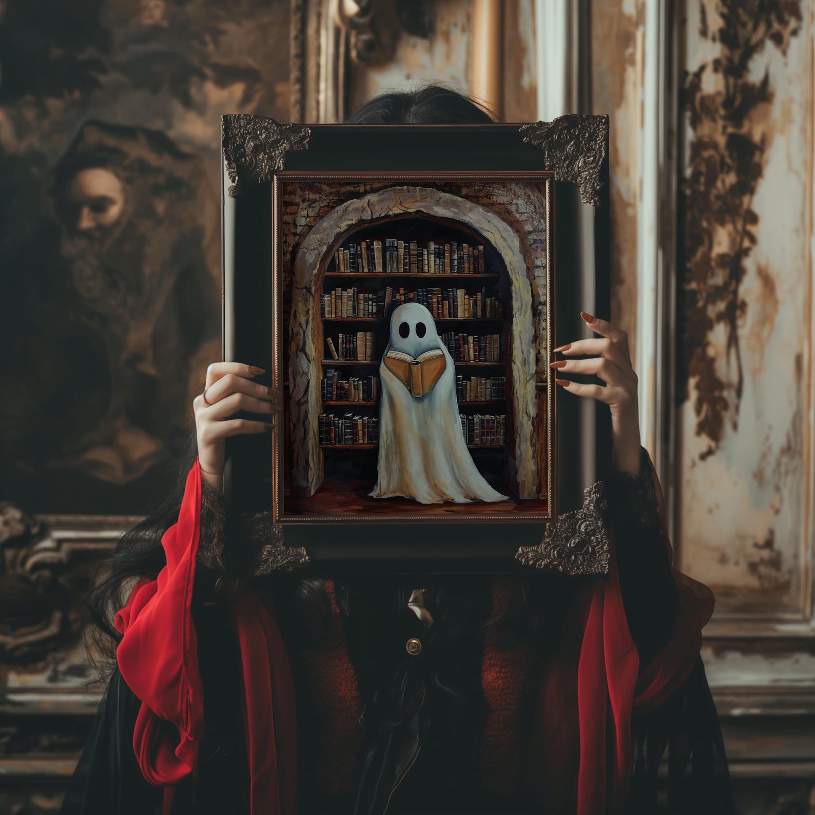 Ghost in Library Art Print, Whimsical Spooky Halloween Decor (digital ...