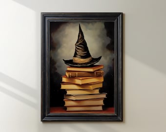 PRINTABLE Halloween Wall Art Print, Witch Hat on Old Books, Witchy ...