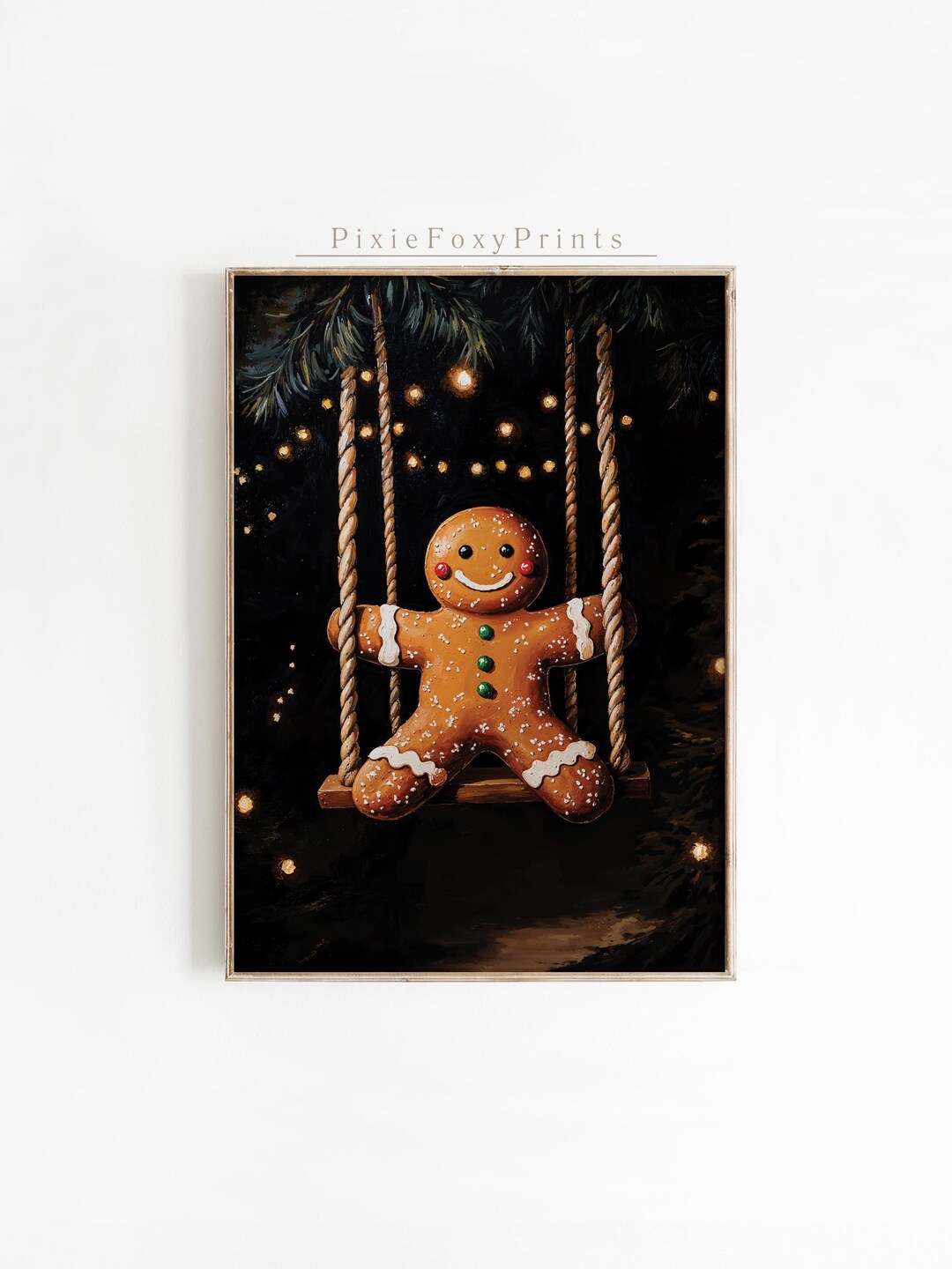 Gingerbread Man Swing Christmas Art Print, Holiday Home Decor (digital ...