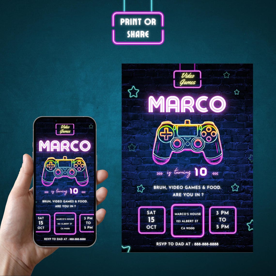 Neon Video Game Birthday Invitation | Personalized Kids Party (digital ...