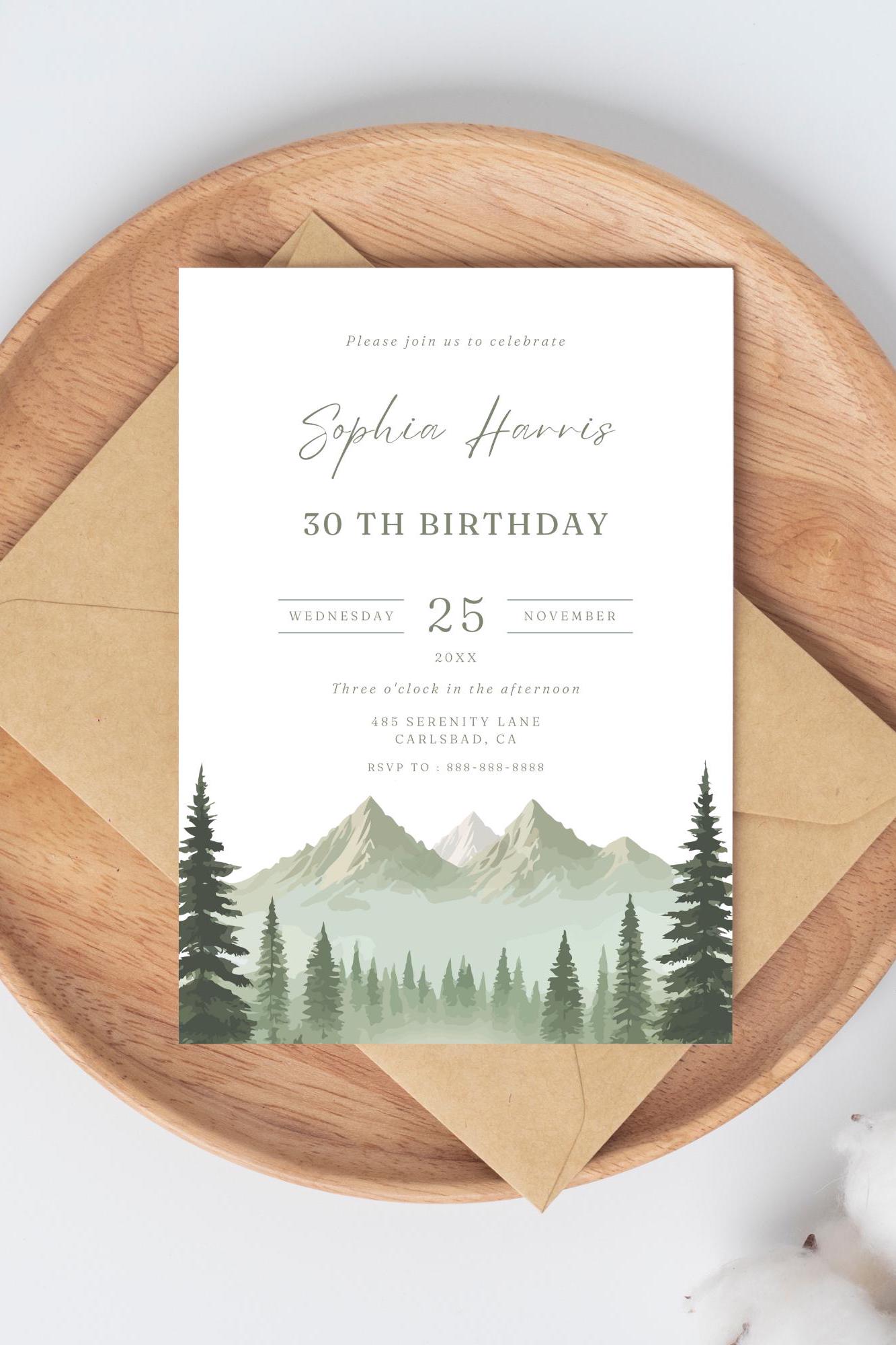 Nordic Mountain Birthday Invitation | Watercolor Forest (digital ...