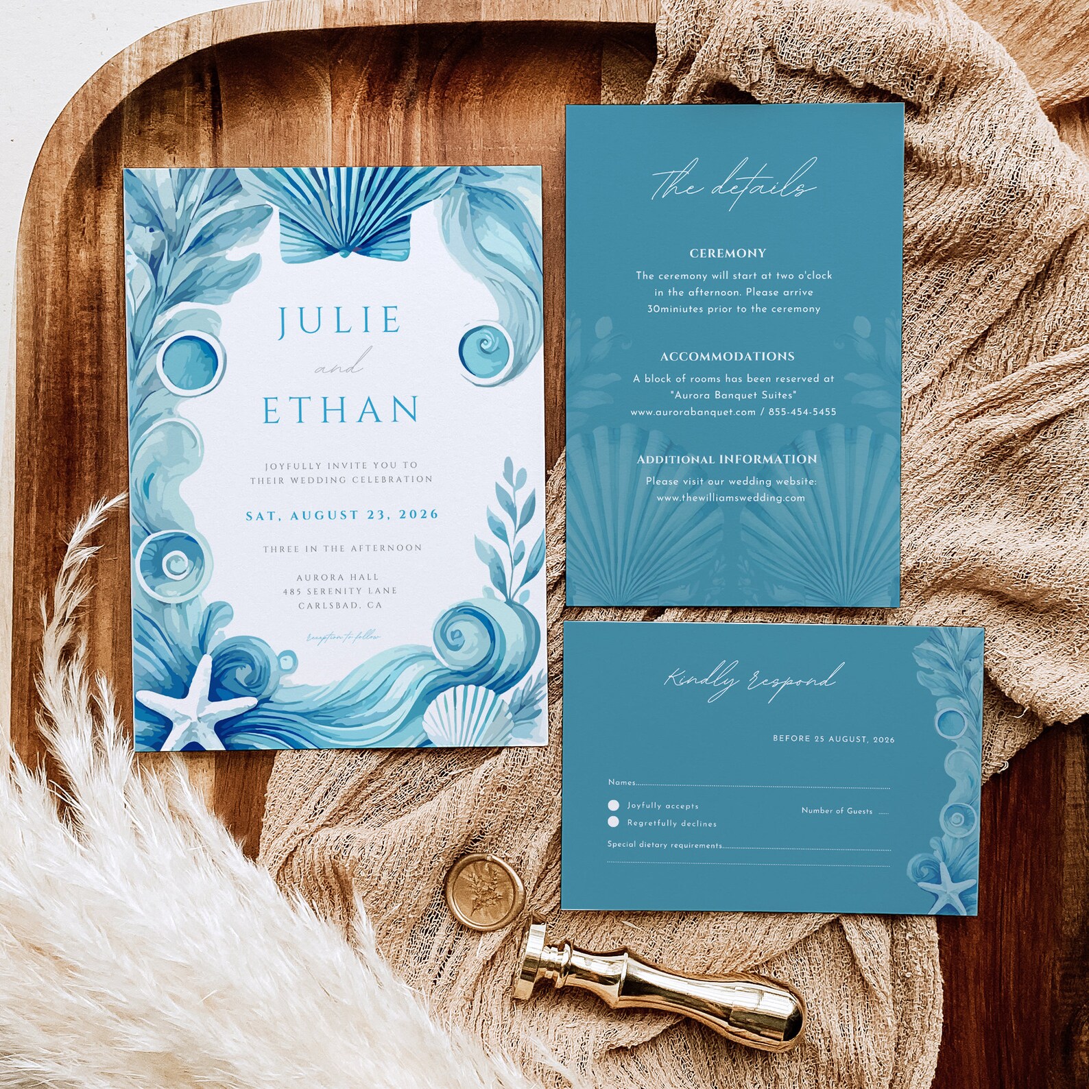 Personalized Seashell Wedding Invitation Template - Editable Blue Ocean ...