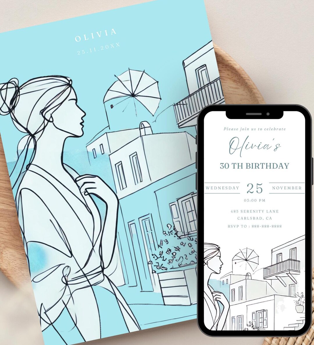 Greece Birthday Invitation Template, Santorini Editable Woman Birthday ...