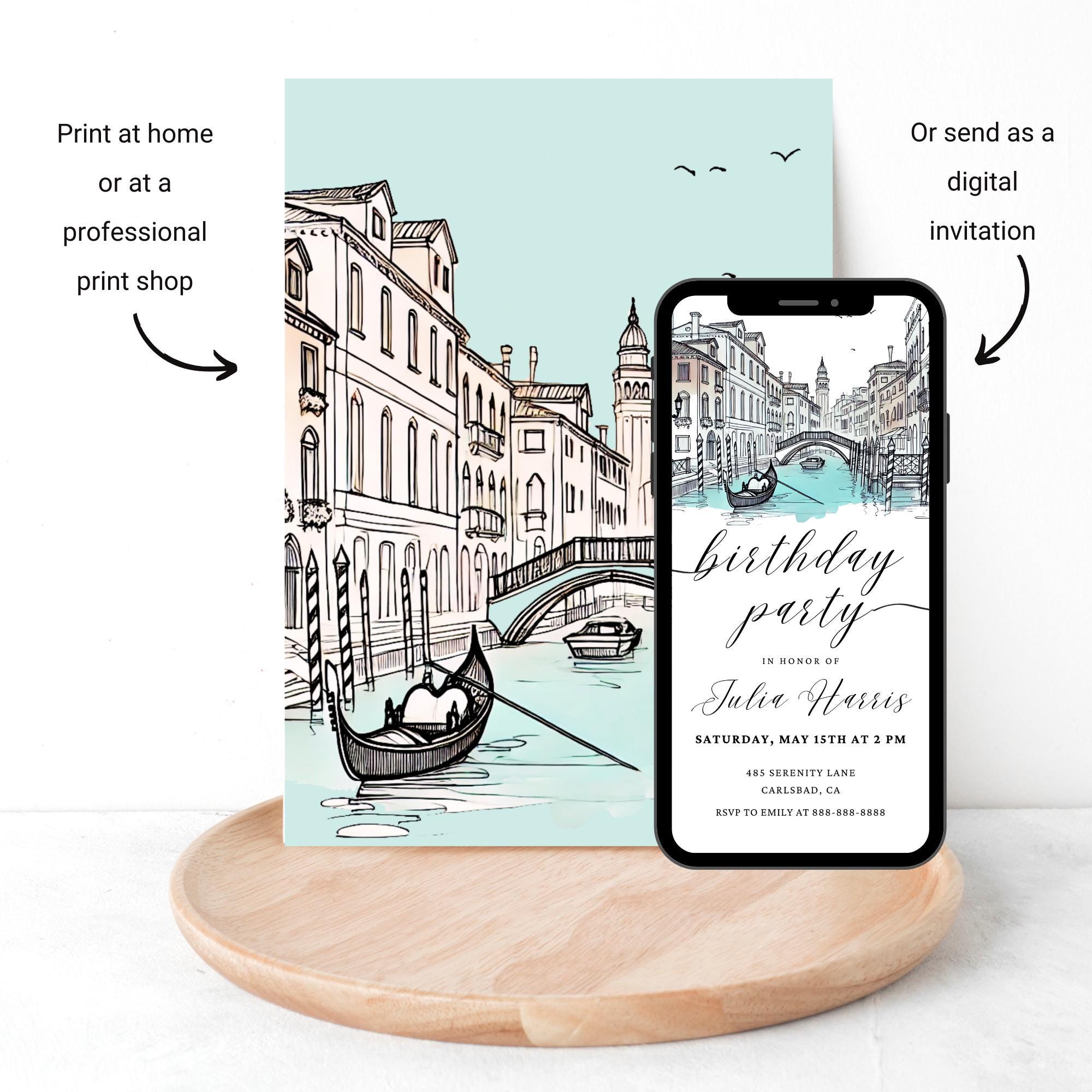 Venice Birthday Invitation | Gondola Sketch, Italy Party (digital ...