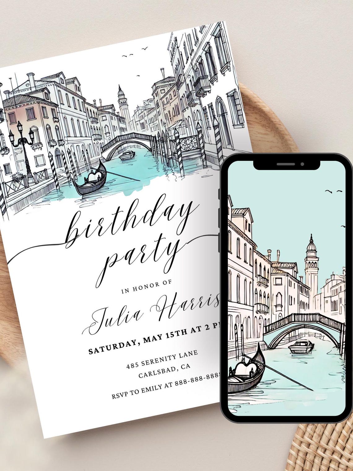 Venice Birthday Invitation | Gondola Sketch, Italy Party (digital ...