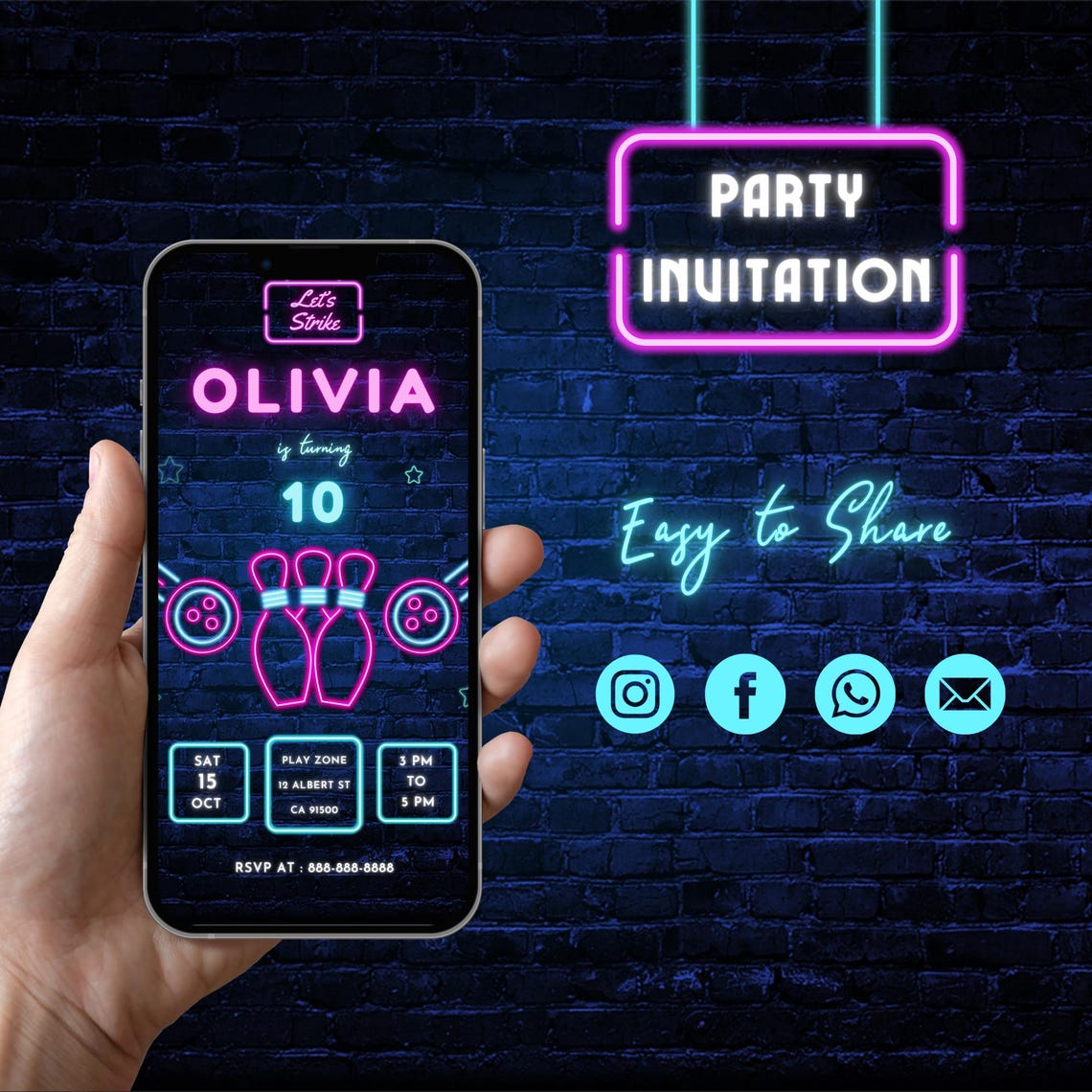 Neon Bowling Birthday Invitation | Kids Strike Party (canva Template ...