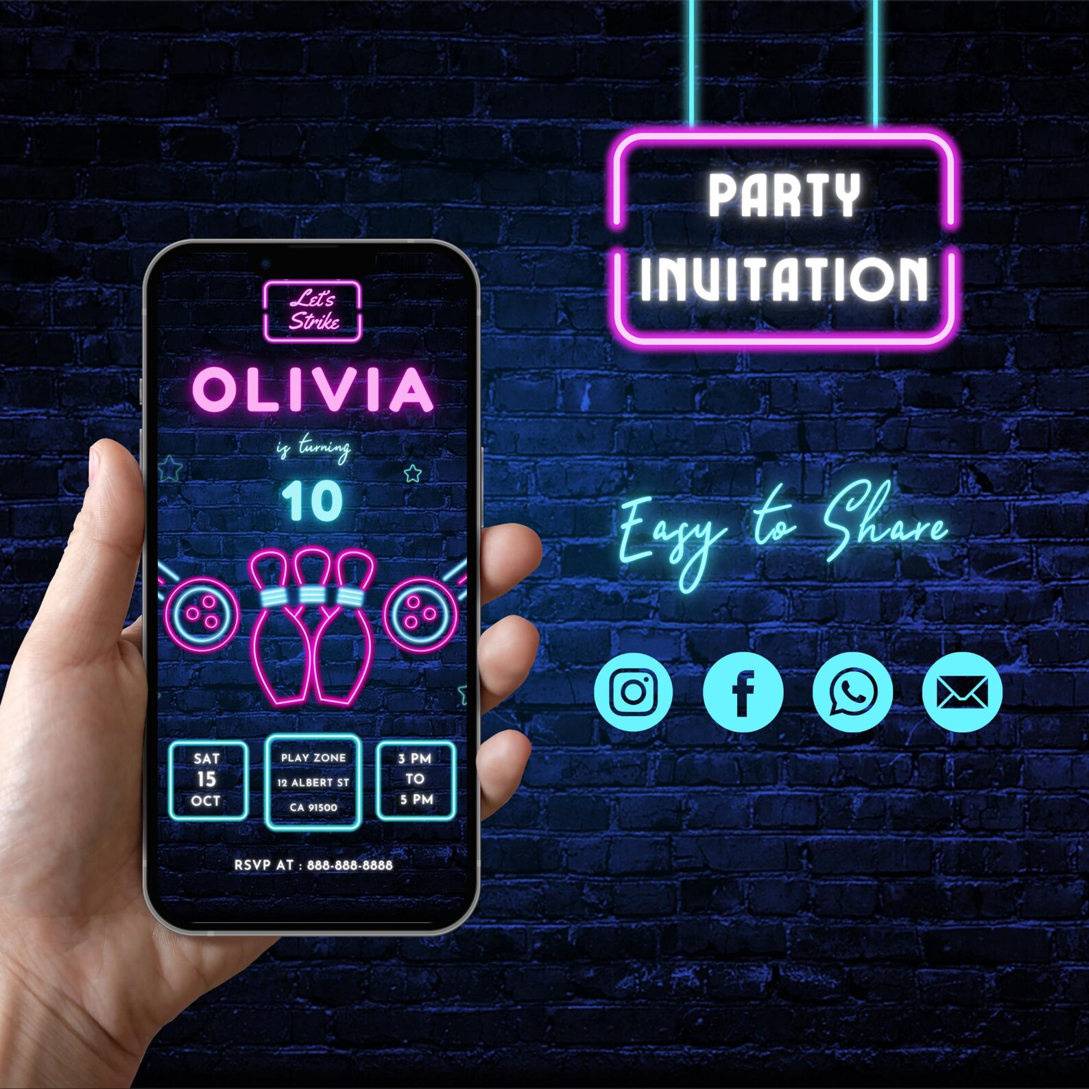 Neon Bowling Birthday Invitation | Kids Strike Party (canva Template ...
