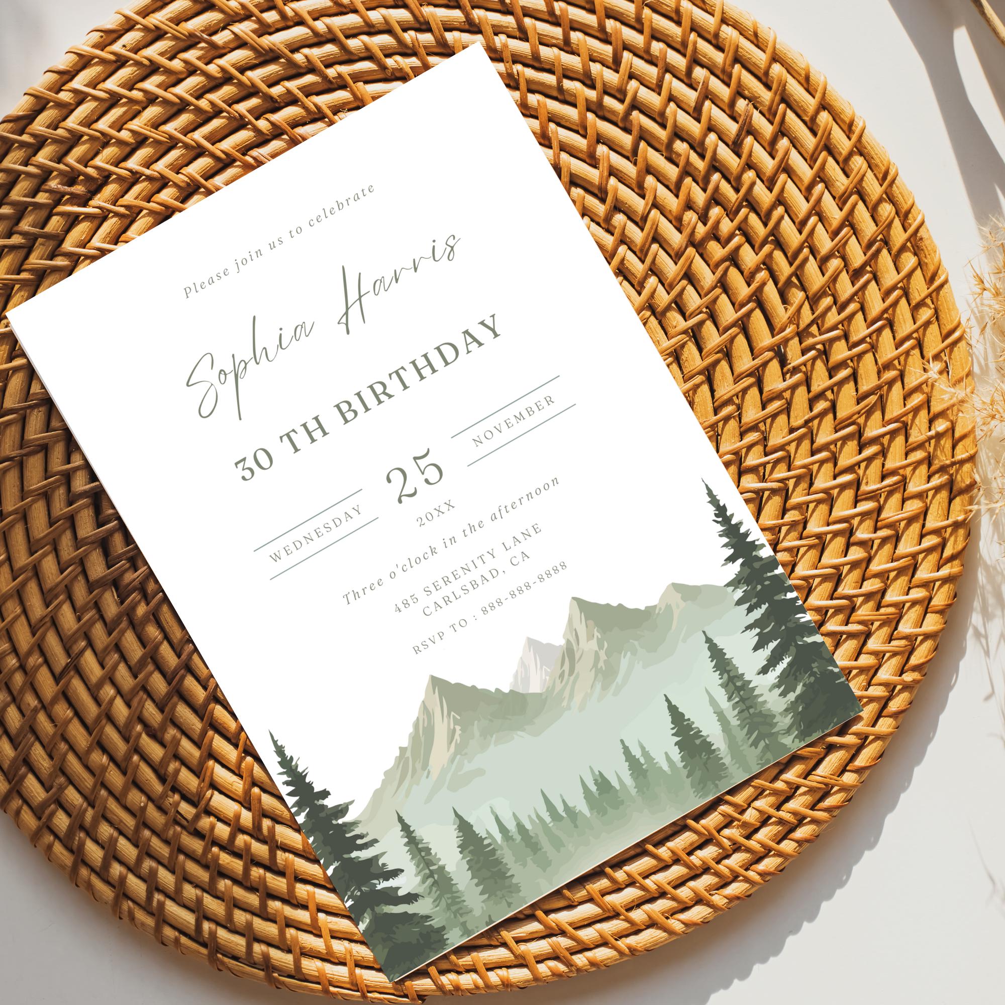 Nordic Mountain Birthday Invitation | Watercolor Forest (digital ...