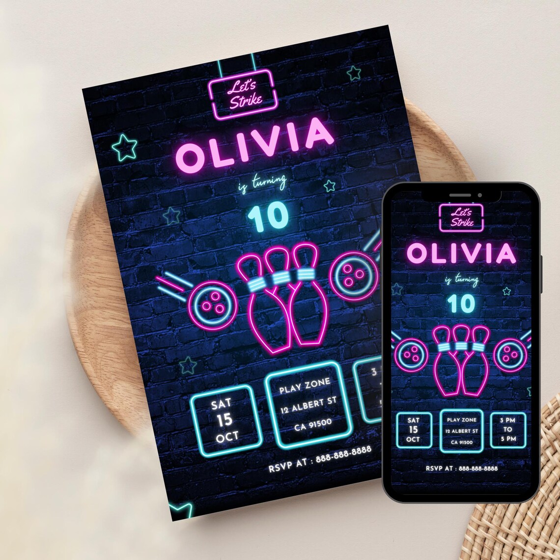 Neon Bowling Birthday Invitation | Kids Strike Party (canva Template ...