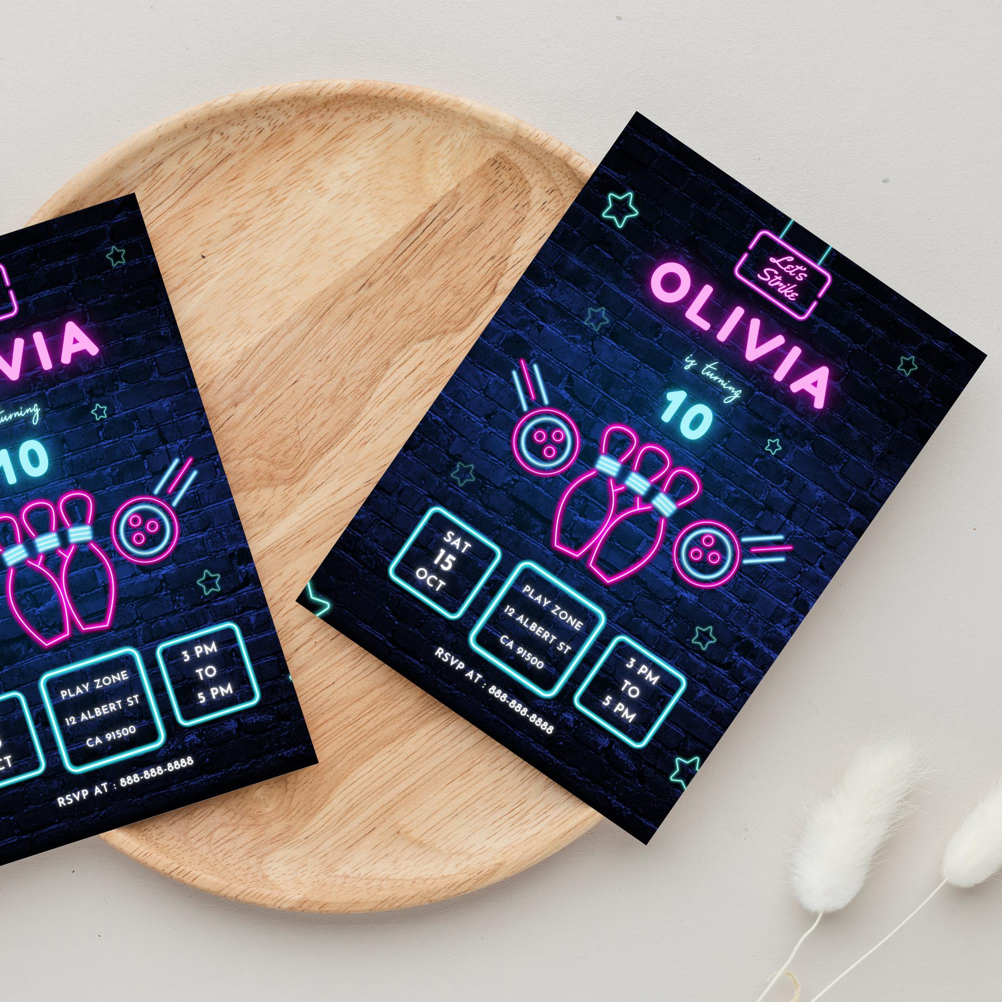 Neon Bowling Birthday Invitation | Kids Strike Party (canva Template ...
