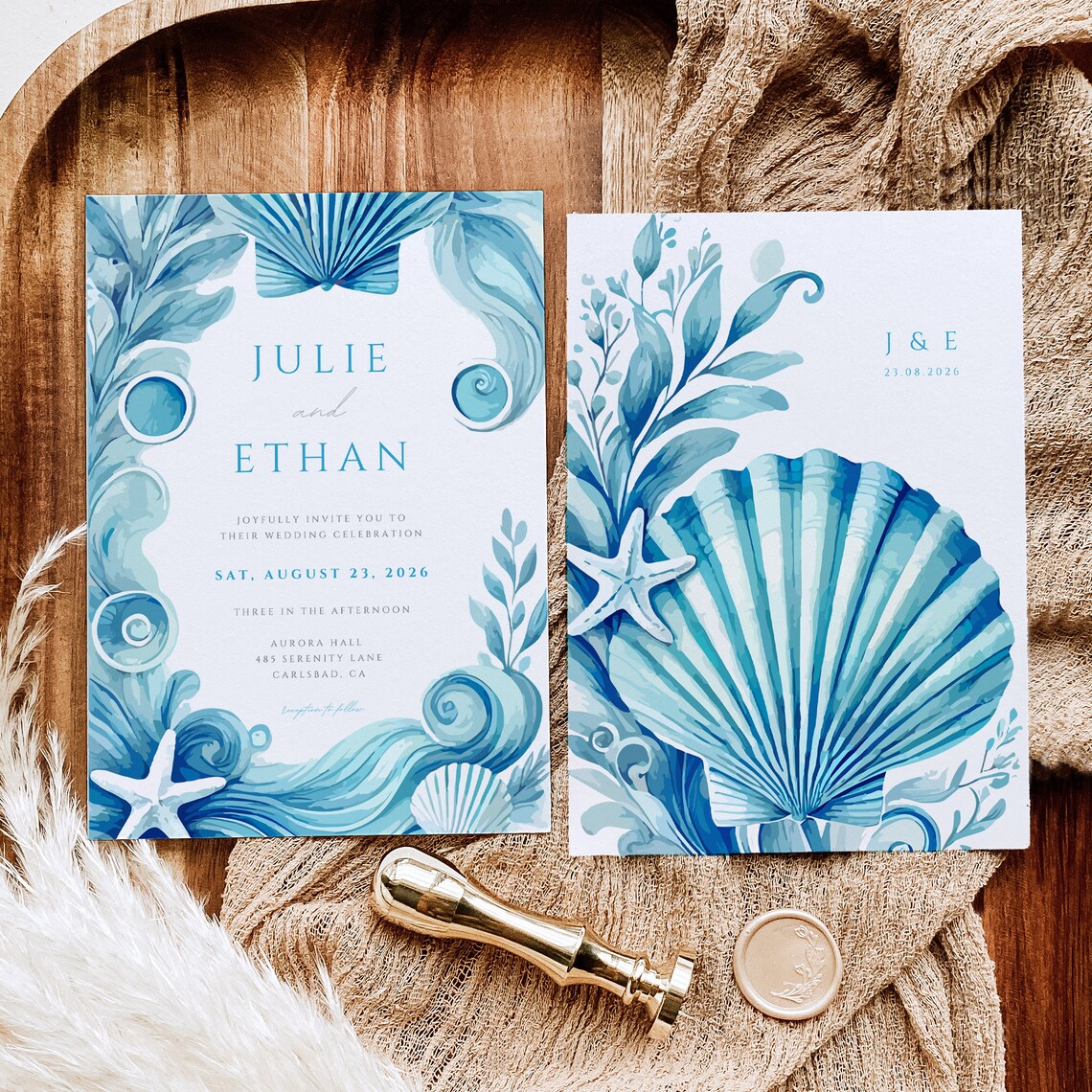 Personalized Seashell Wedding Invitation Template - Editable Blue Ocean ...