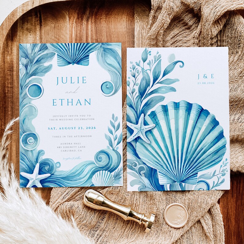 Personalized Seashell Wedding Invitation Template - Editable Blue Ocean ...