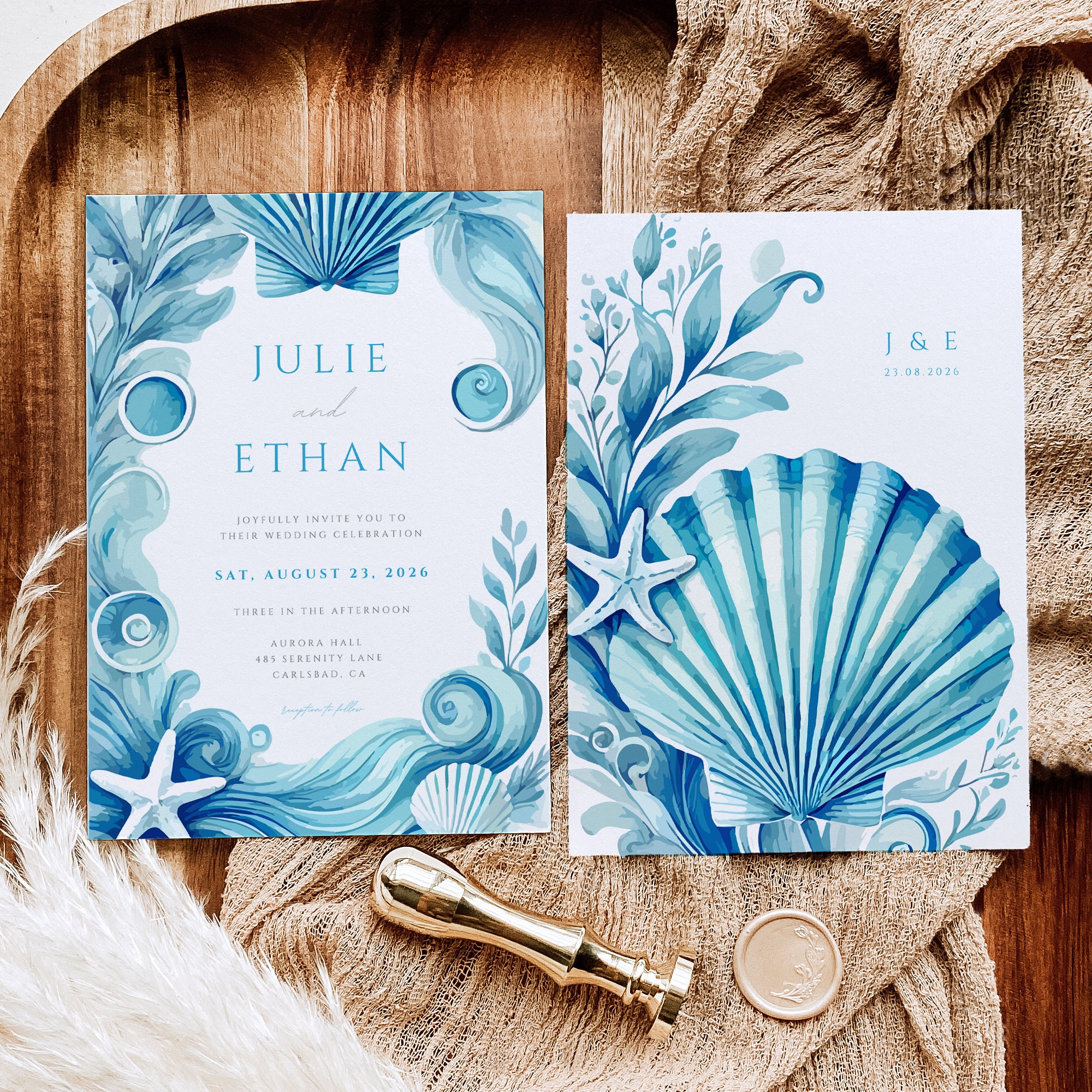 Personalized Seashell Wedding Invitation Template - Editable Blue Ocean ...