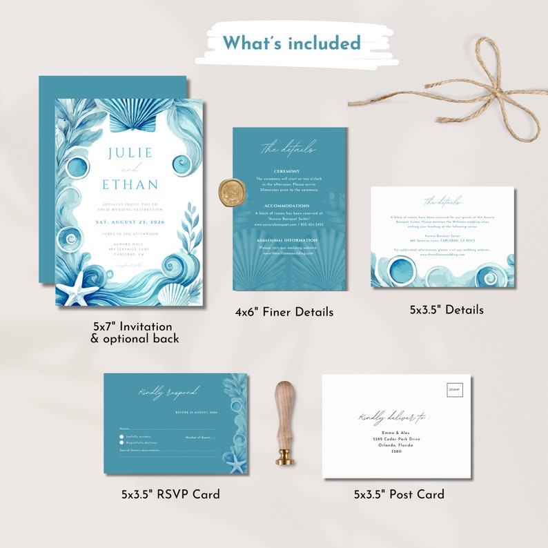 Personalized Seashell Wedding Invitation Template - Editable Blue Ocean ...