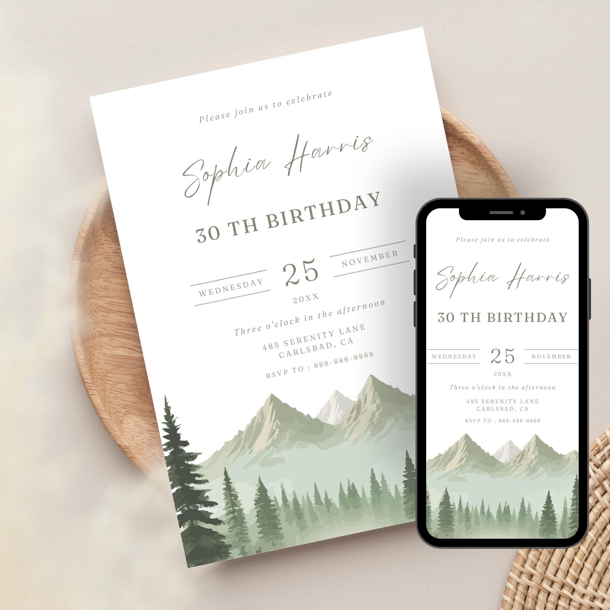 Nordic Mountain Birthday Invitation | Watercolor Forest (digital ...