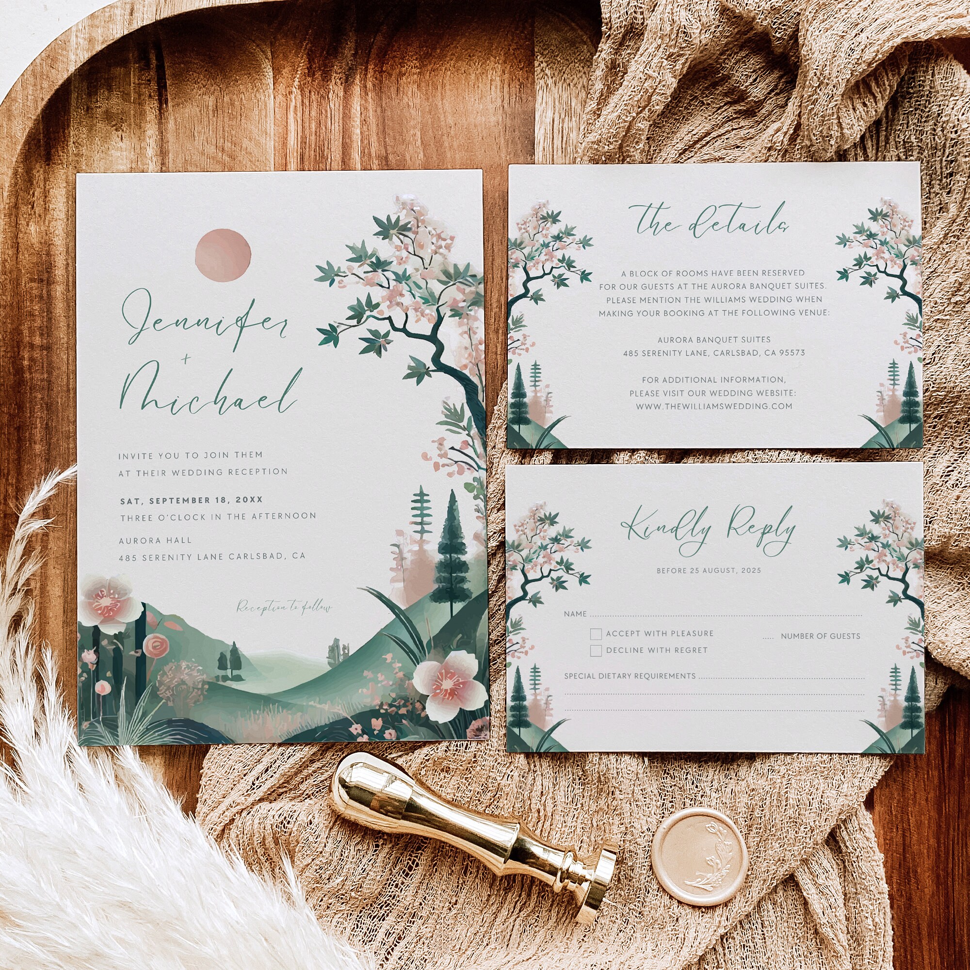 Cherry Blossom Japan Wedding Invitation Suite – Pastel Landscape ...