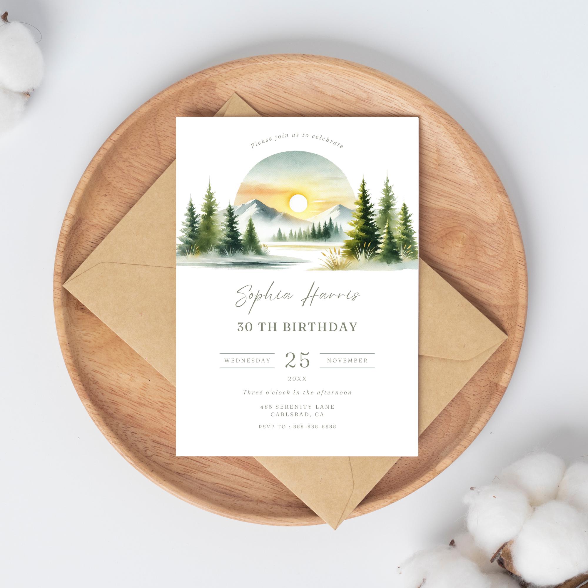 Watercolor Mountain Birthday Invitation | Nordic Sunset Scene (digital ...