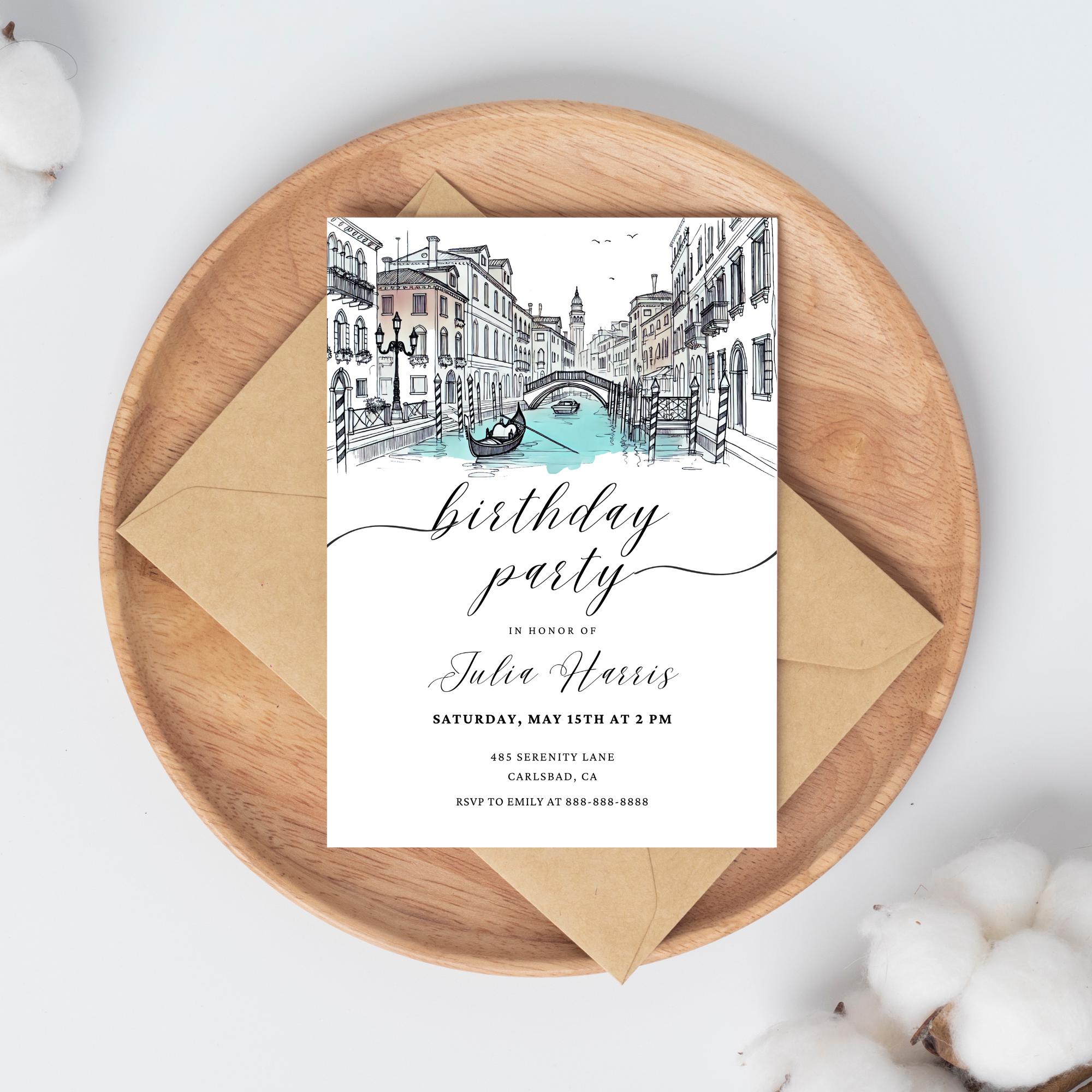 Venice Birthday Invitation | Gondola Sketch, Italy Party (digital ...