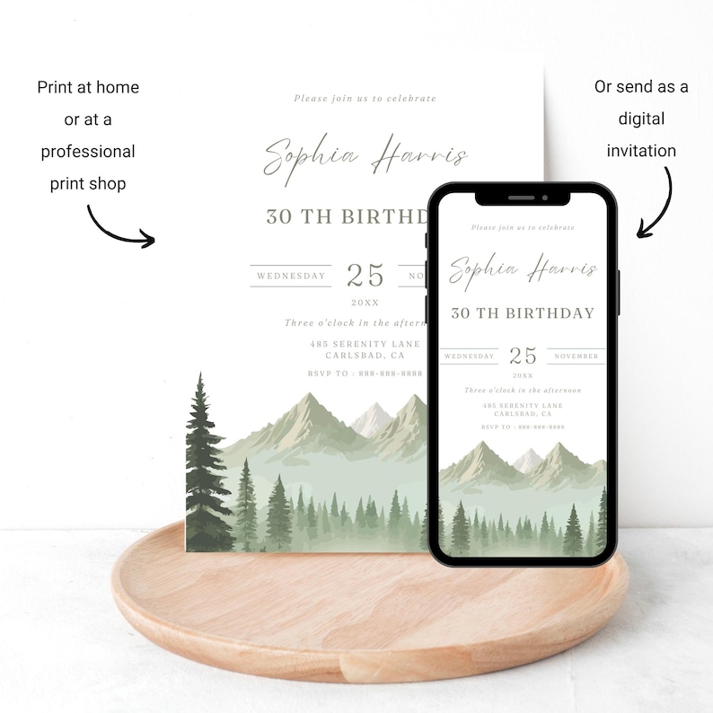 Nordic Mountain Birthday Invitation | Watercolor Forest (digital ...