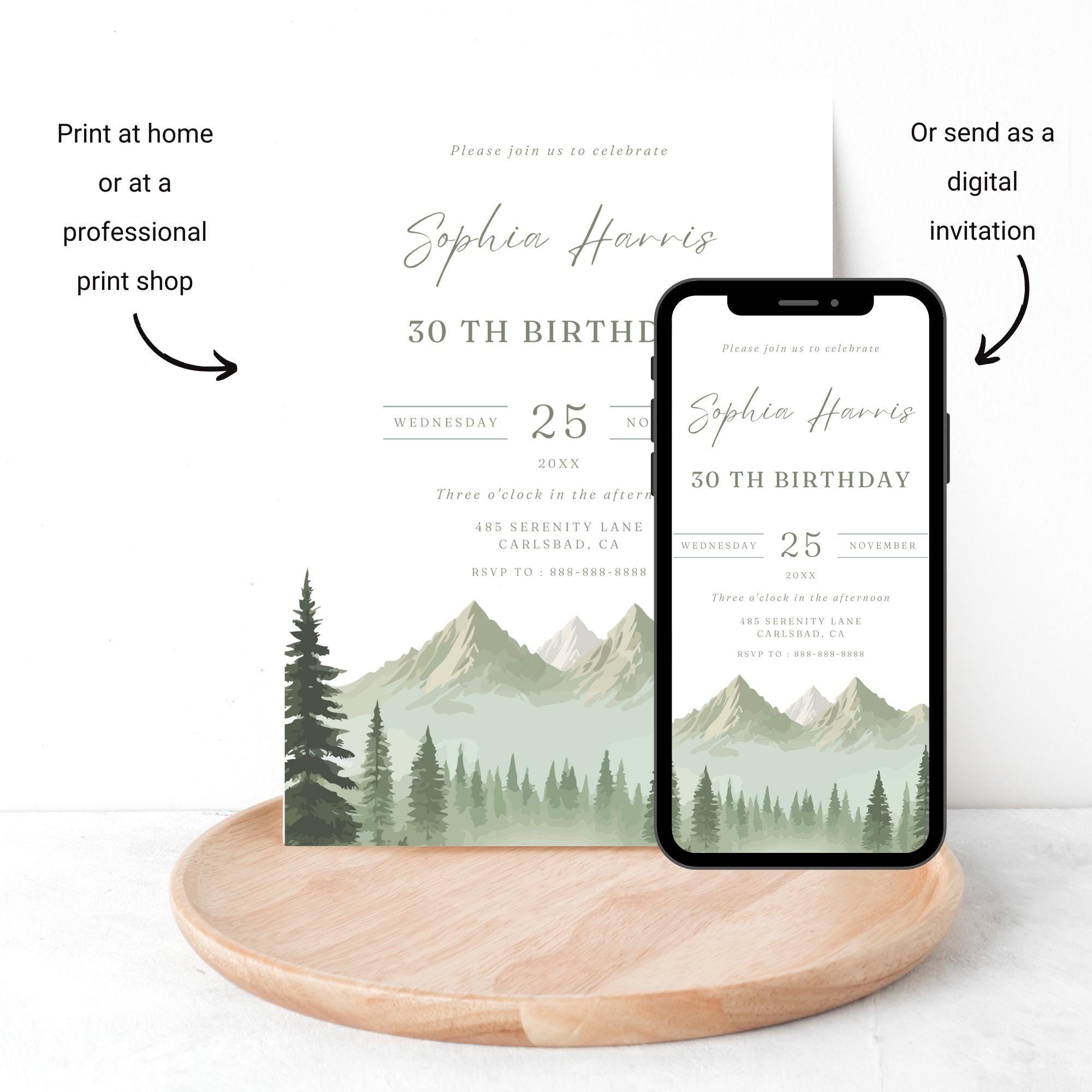 Nordic Mountain Birthday Invitation | Watercolor Forest (digital ...