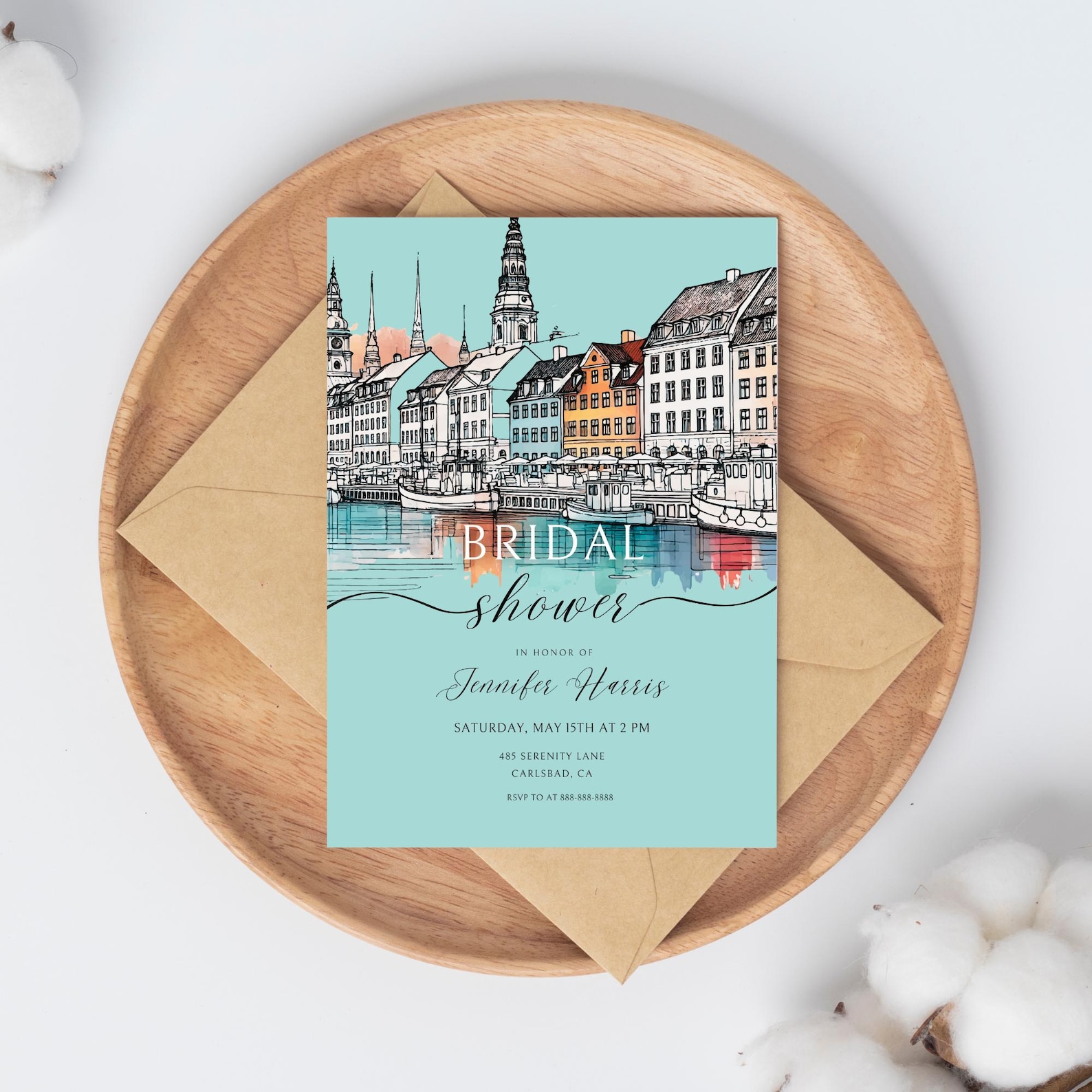 Copenhagen Bridal Shower Invitation | Nyhavn Harbor Watercolor (digital ...
