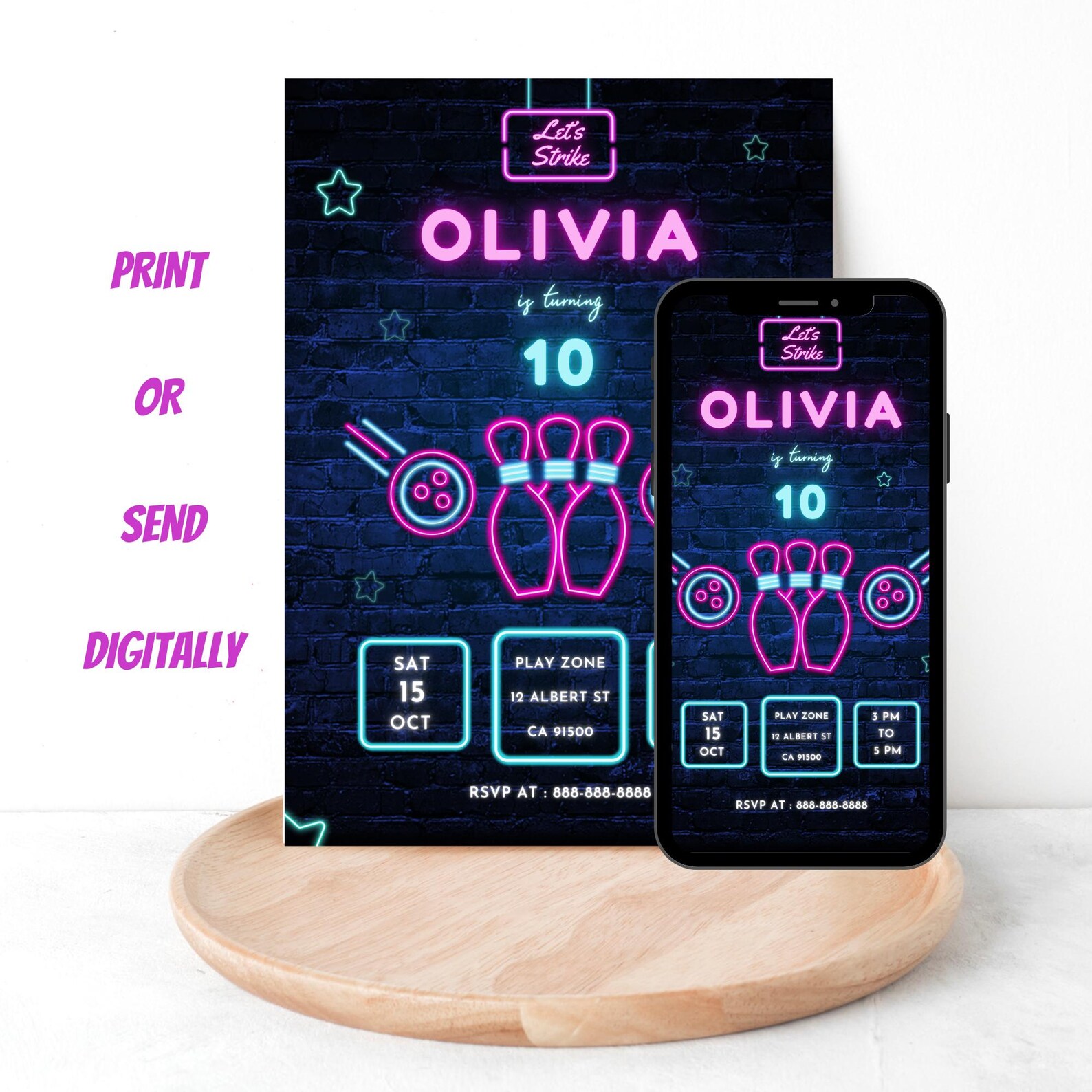 Neon Bowling Birthday Invitation | Kids Strike Party (canva Template ...